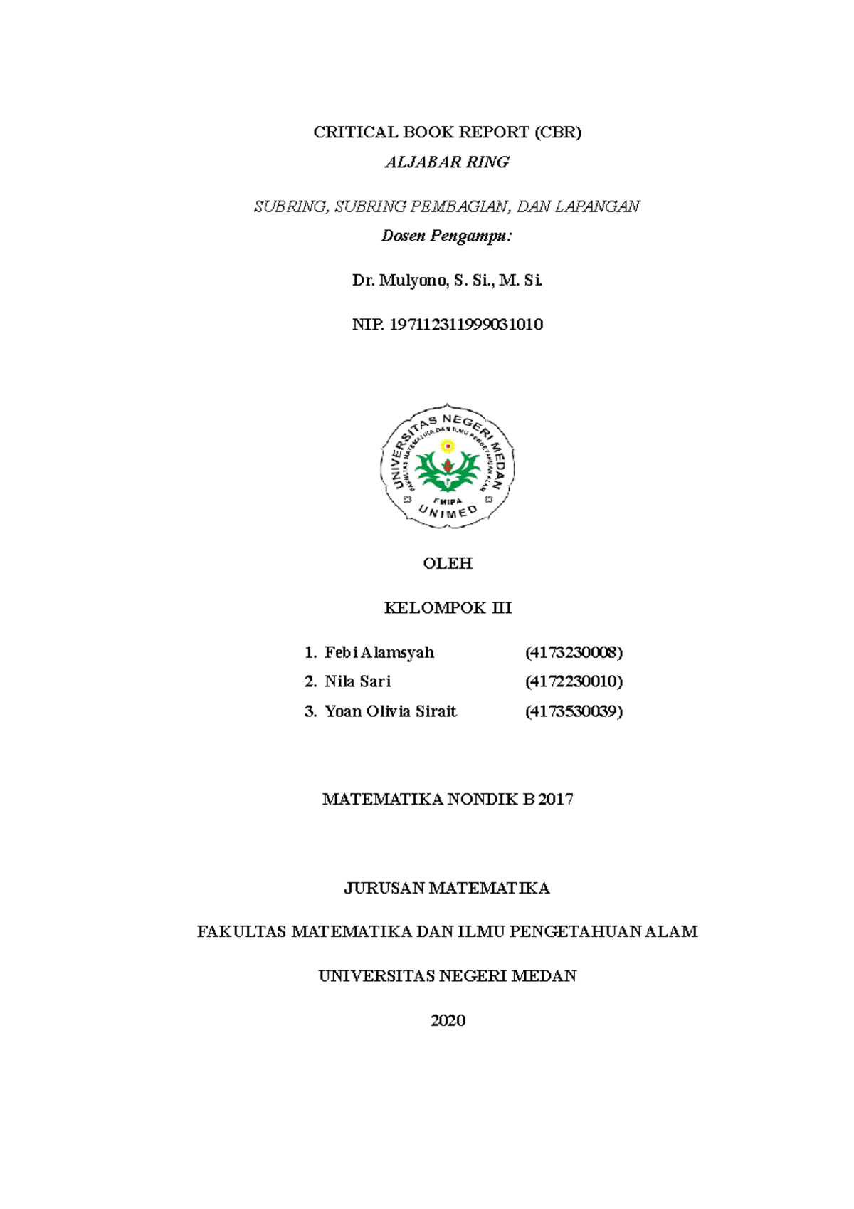 Judul Buku Kritikal: Aljabar Ring dan Subring oleh Kel 3 - Mat Non-Dik ...