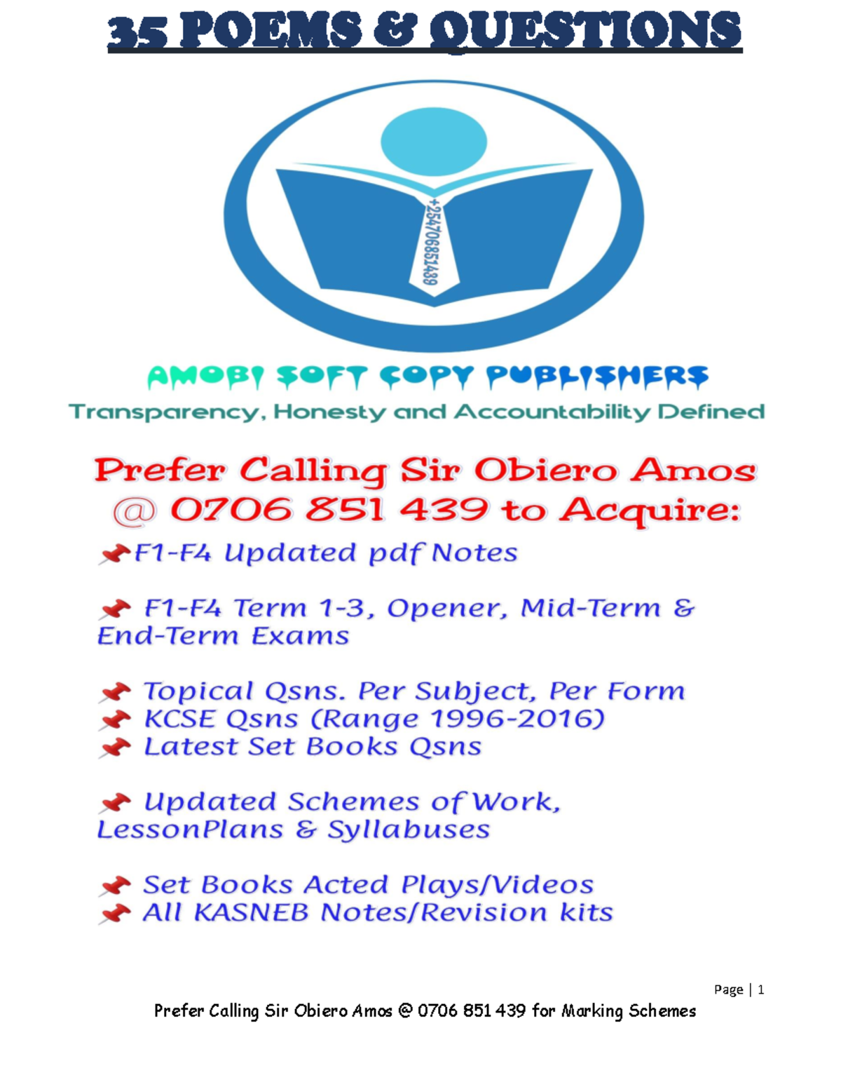 35 POEMS & QUESTIONS - Form Four Analysis and Insights - Studocu