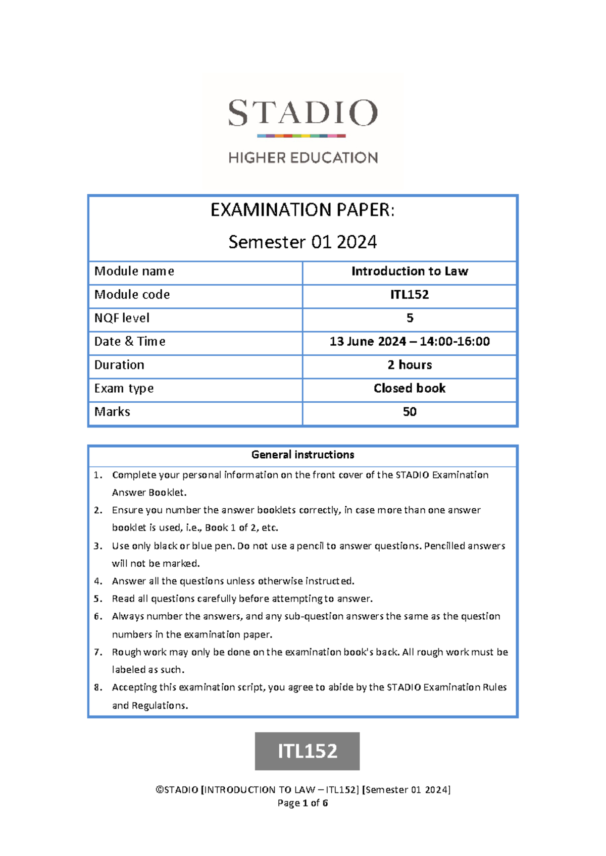 ITL152 2024 Semester 01 Exam Paper: Introduction to Law Guidelines ...