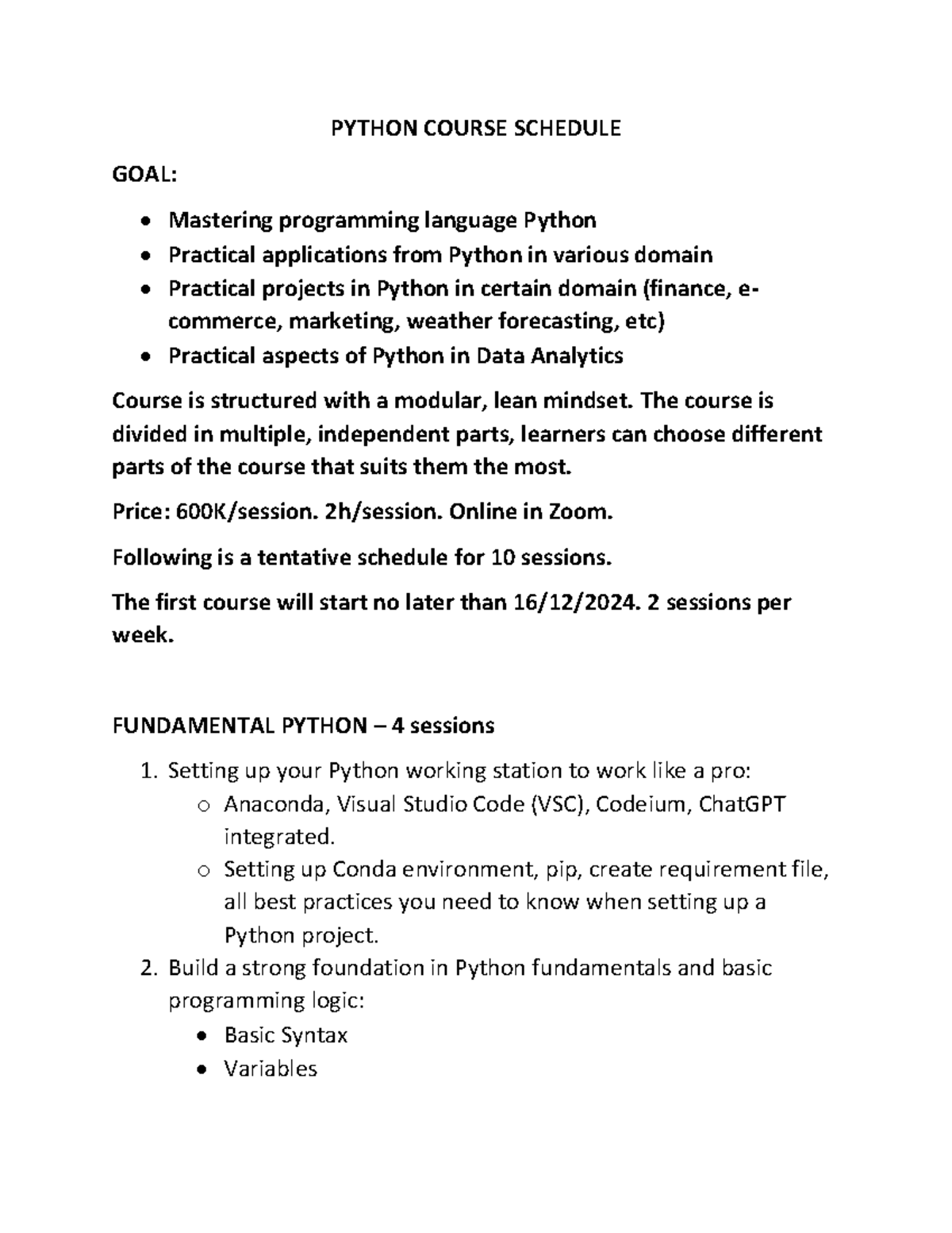 Python course schedule 122024 - PYTHON COURSE SCHEDULE GOAL: Mastering ...