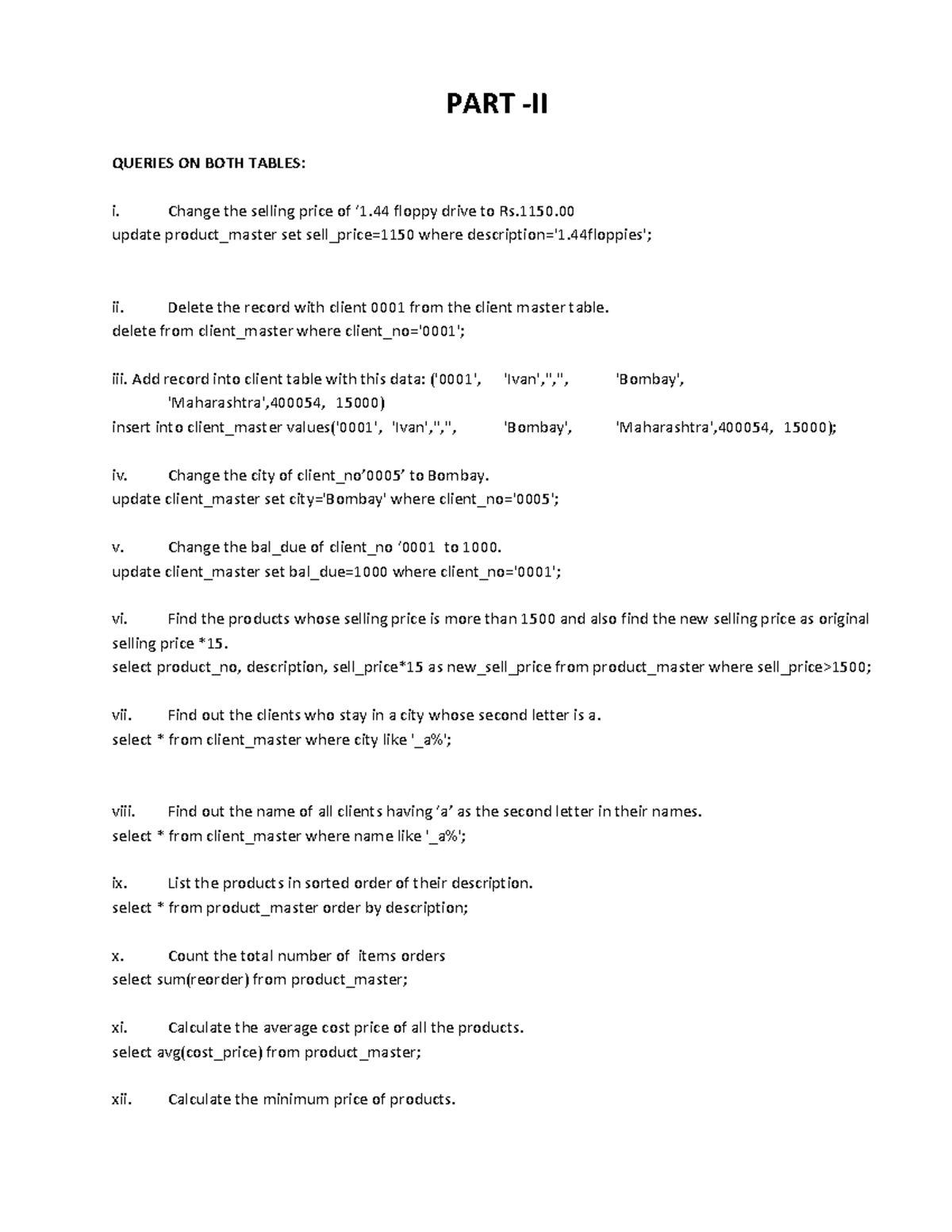 Lab 2 Solutions - DBMS Assignment 2: Queries on Product and Client ...