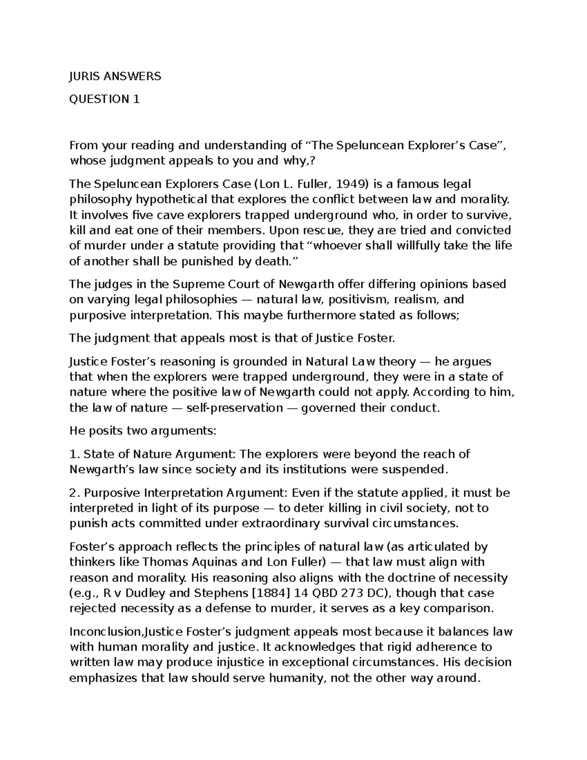 JURIS 101: Analysis of Speluncean Explorers Case & Legal Theories - Studocu