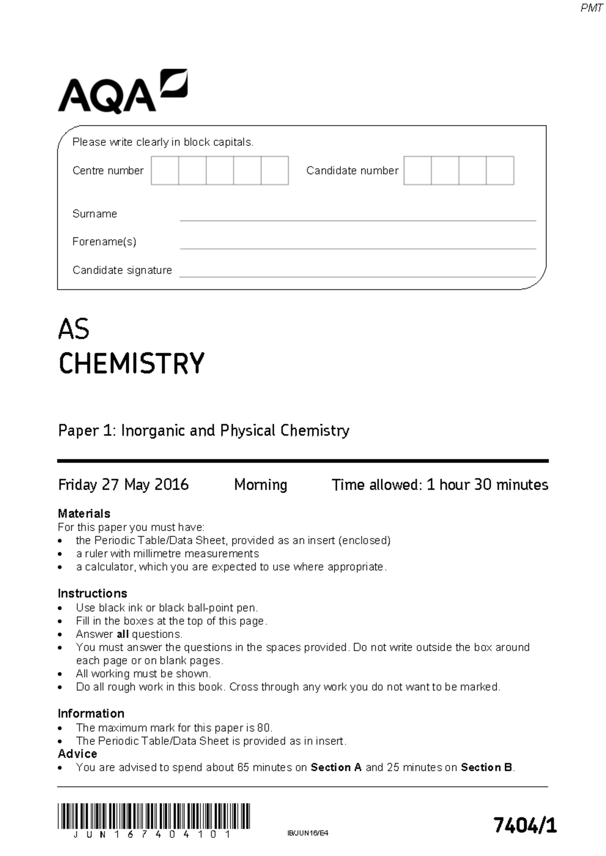 AS CHEMISTRY Paper 1: Inorganic and Physical Chemistry Exam Notes - Studocu