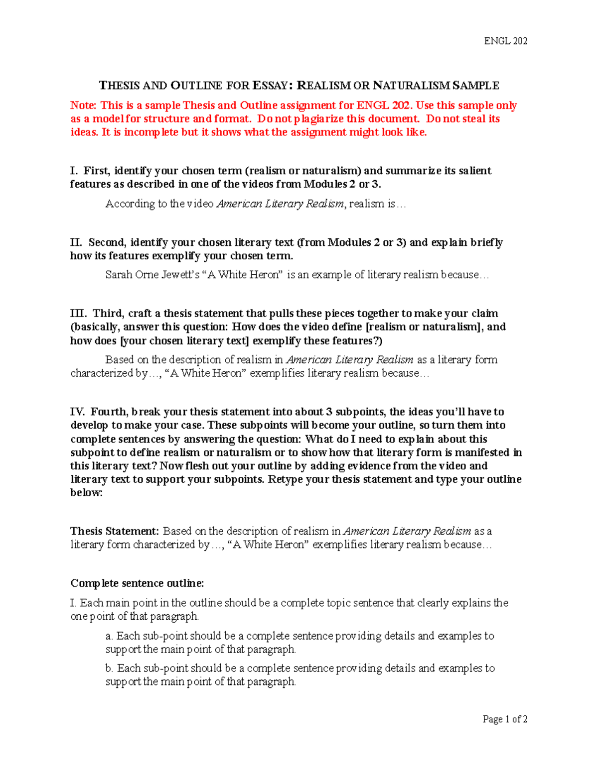 Thesis and Outline for Essay Realism or Naturalism Sample - ENGL 202 ...