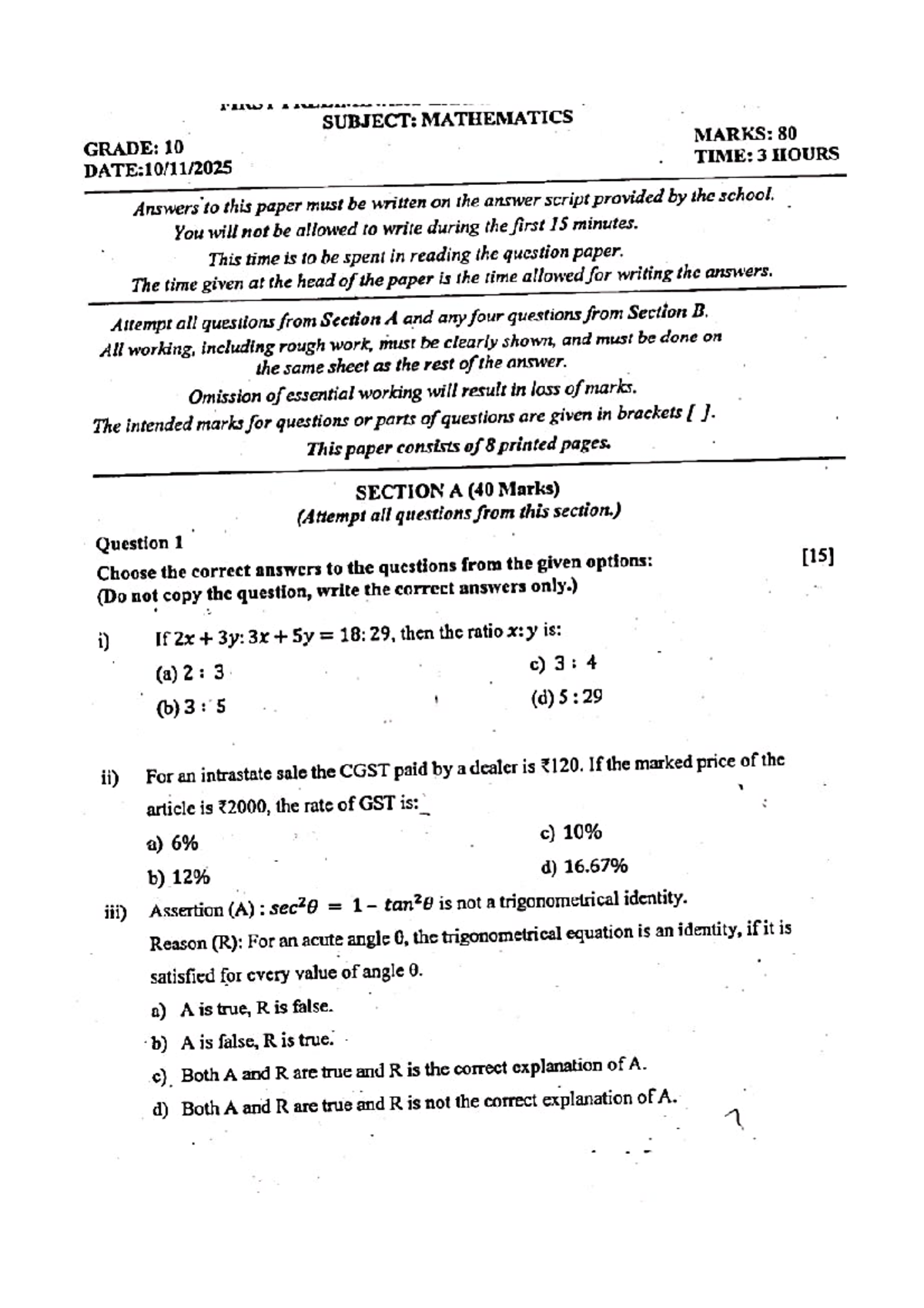 Mathematics Grade 10 Final Exam Paper - 80 Marks, 3 Hours - Studocu