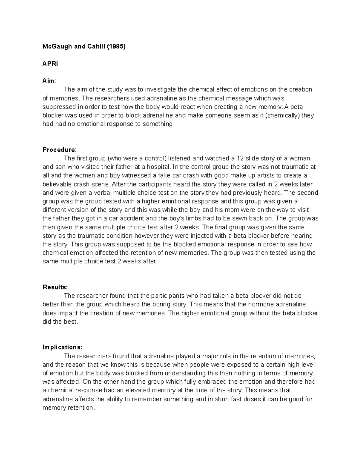 APRI Research: McGaugh & Cahill's Study on Emotion and Memory - Studocu
