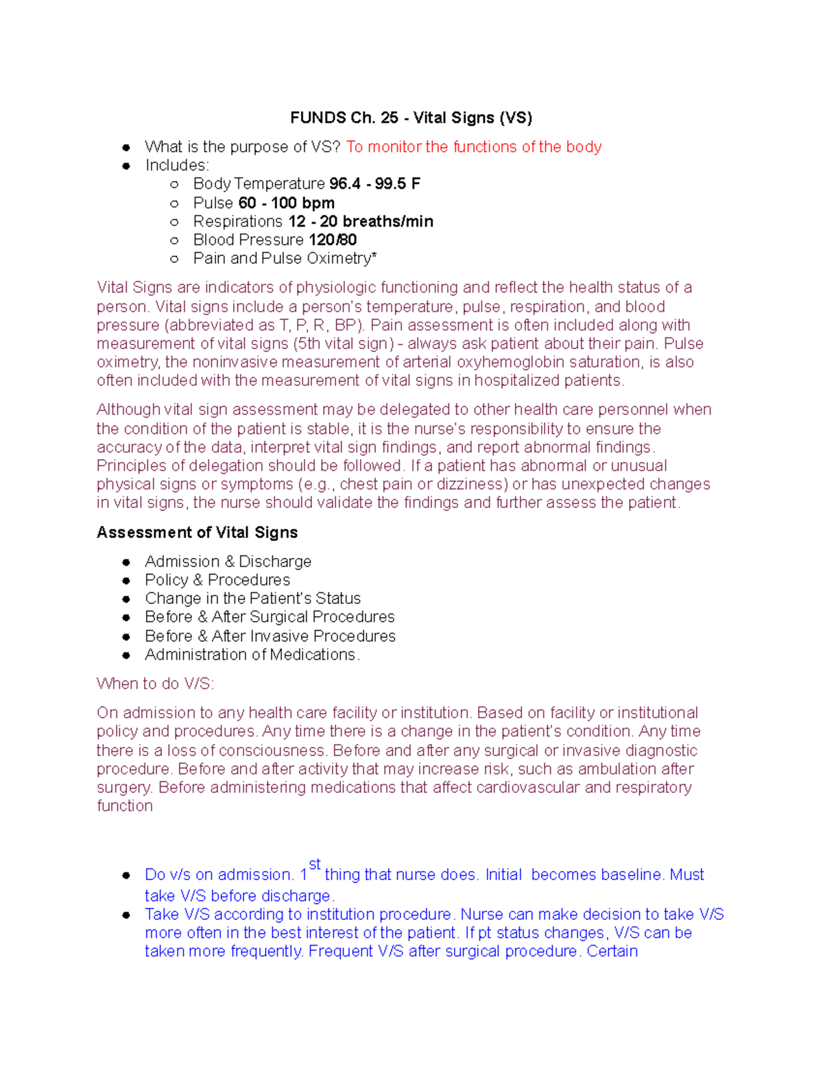 Vital Signs Notes - FUNDS Ch. 25 Vital Signs (VS) What is the purpose ...