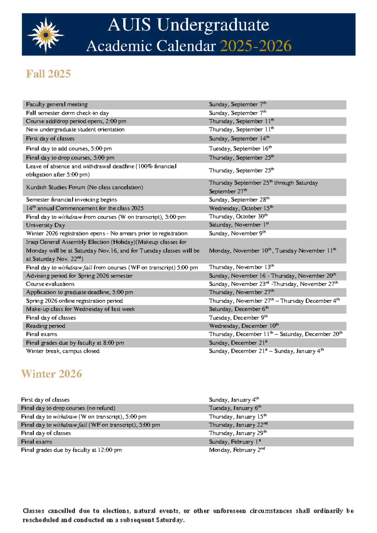 AUIS UG Academic Calendar 2025-2026: Key Dates & Events - Studocu