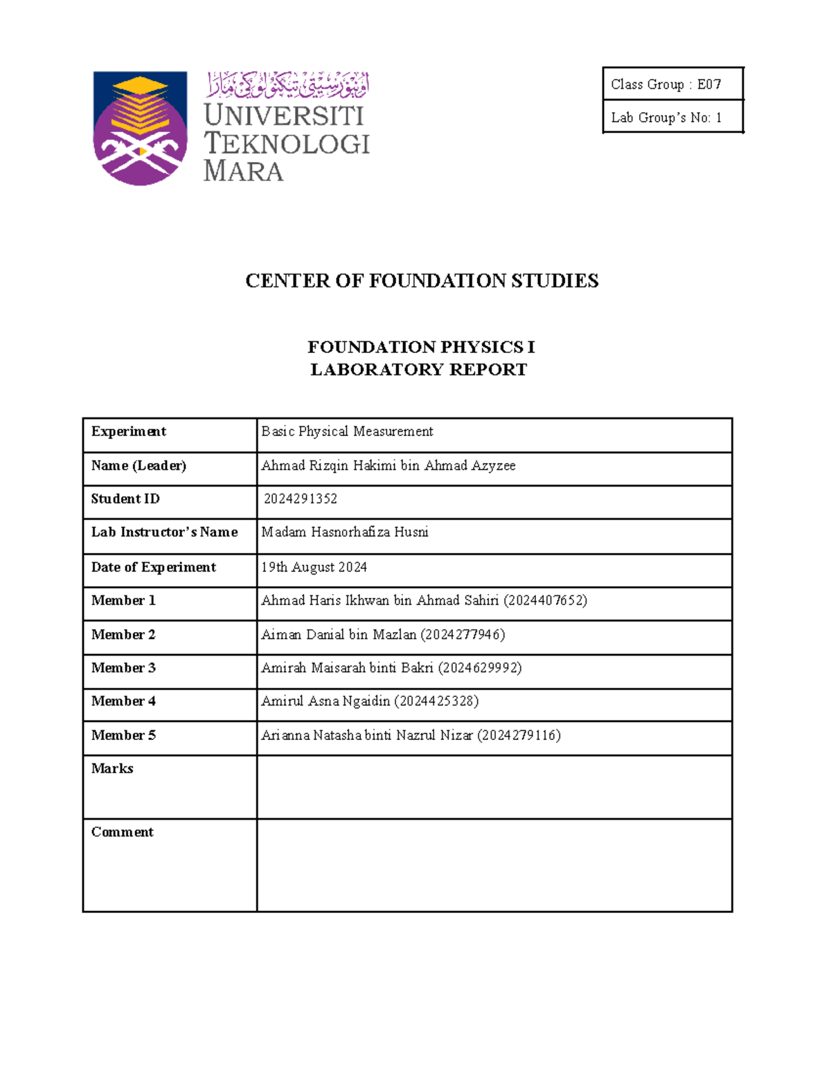 Foundation Physics I Lab Report: Experiment 1 - Basic Measurements - Studocu