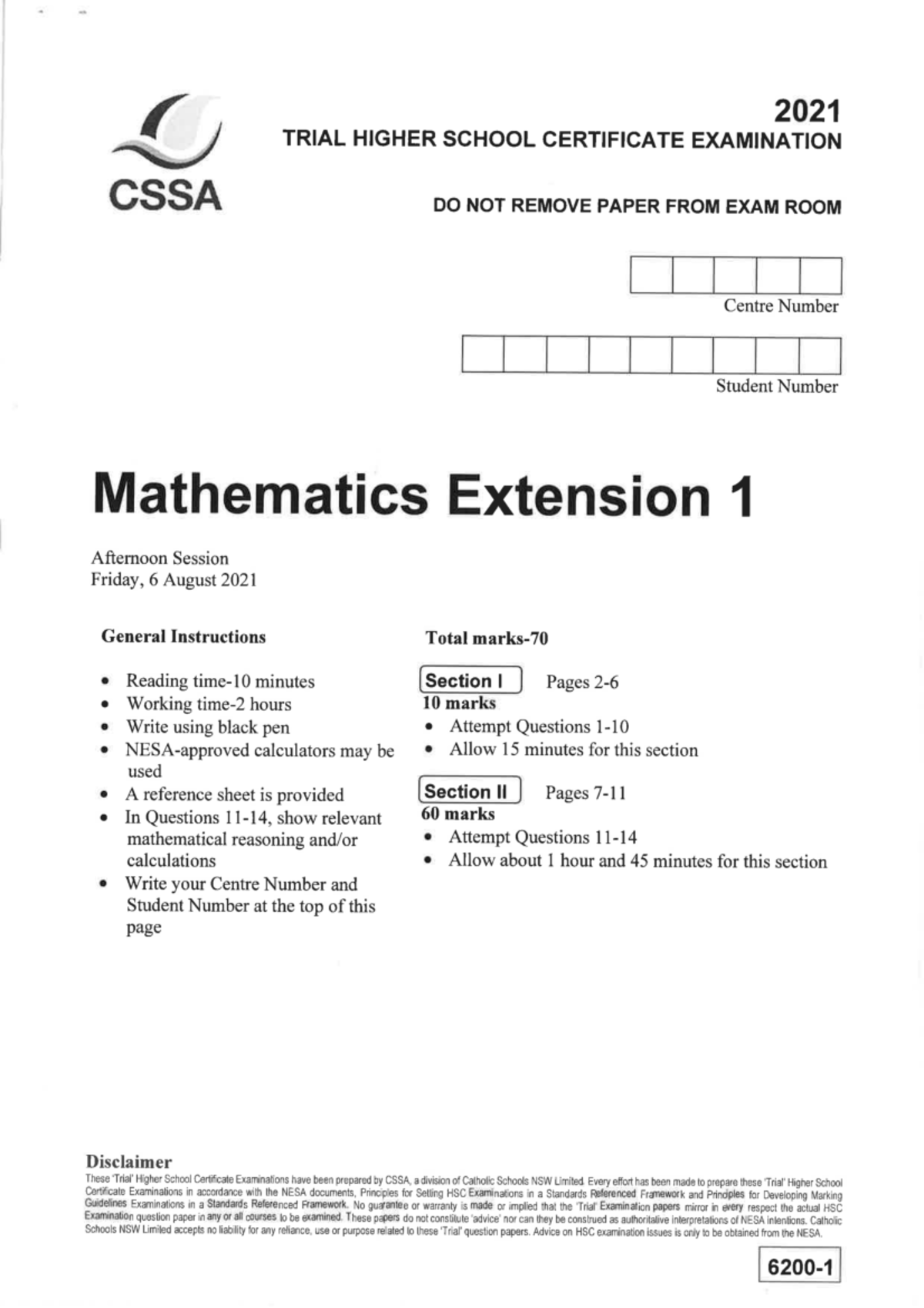 2021 CSSA Mathematics Extension 1 Trial Exam Paper - Studocu