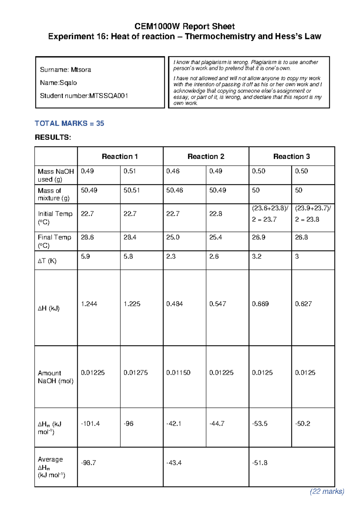 CEM1000W Lab Report: Analysis of Thermochemistry & Hess's Law ...