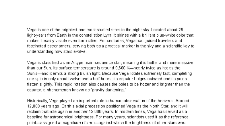 Vega Star: Significance and Observations in Astronomy - Studocu