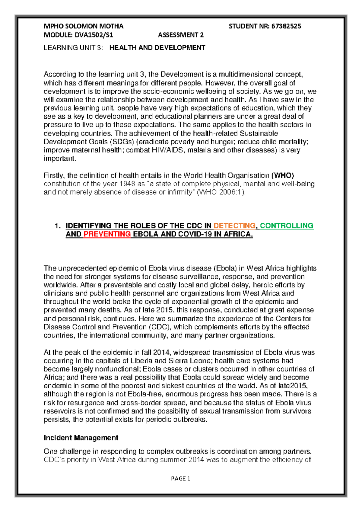 DVA1502 Assessment 2: Roles of CDC and WHO in Disease Management - Studocu