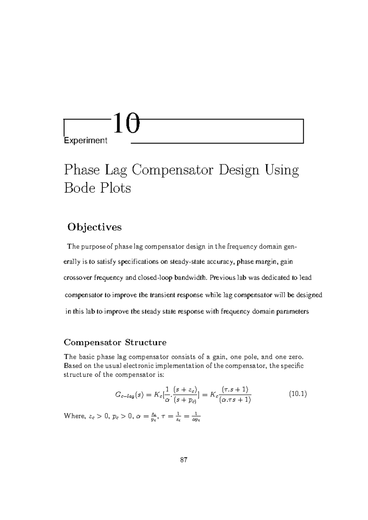 LCS 10th Lab Manual: Phase Lag Compensator Design Using Bode Plots ...