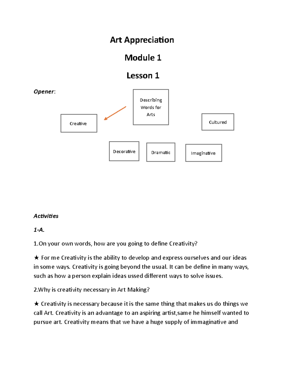 Art Appreciation Module 1. Lesson 1-4 - Art Appreciation Module 1 Lesson 1 Opener: Activities 1 ...