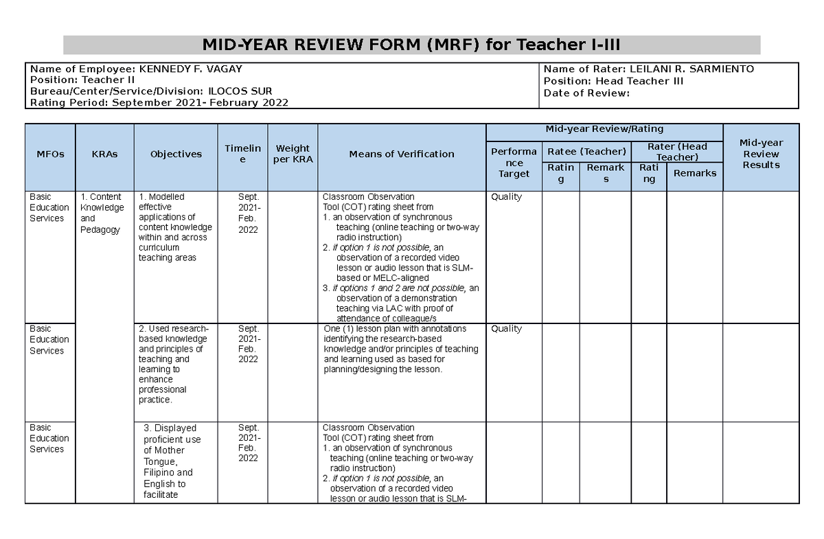MID-YEAR REVIEW FORM T1-3 2021-2022 for Teacher Evaluation - Studocu