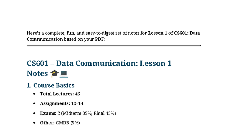 CS601: Data Communication - Comprehensive Lesson Notes (1-15) - Studocu