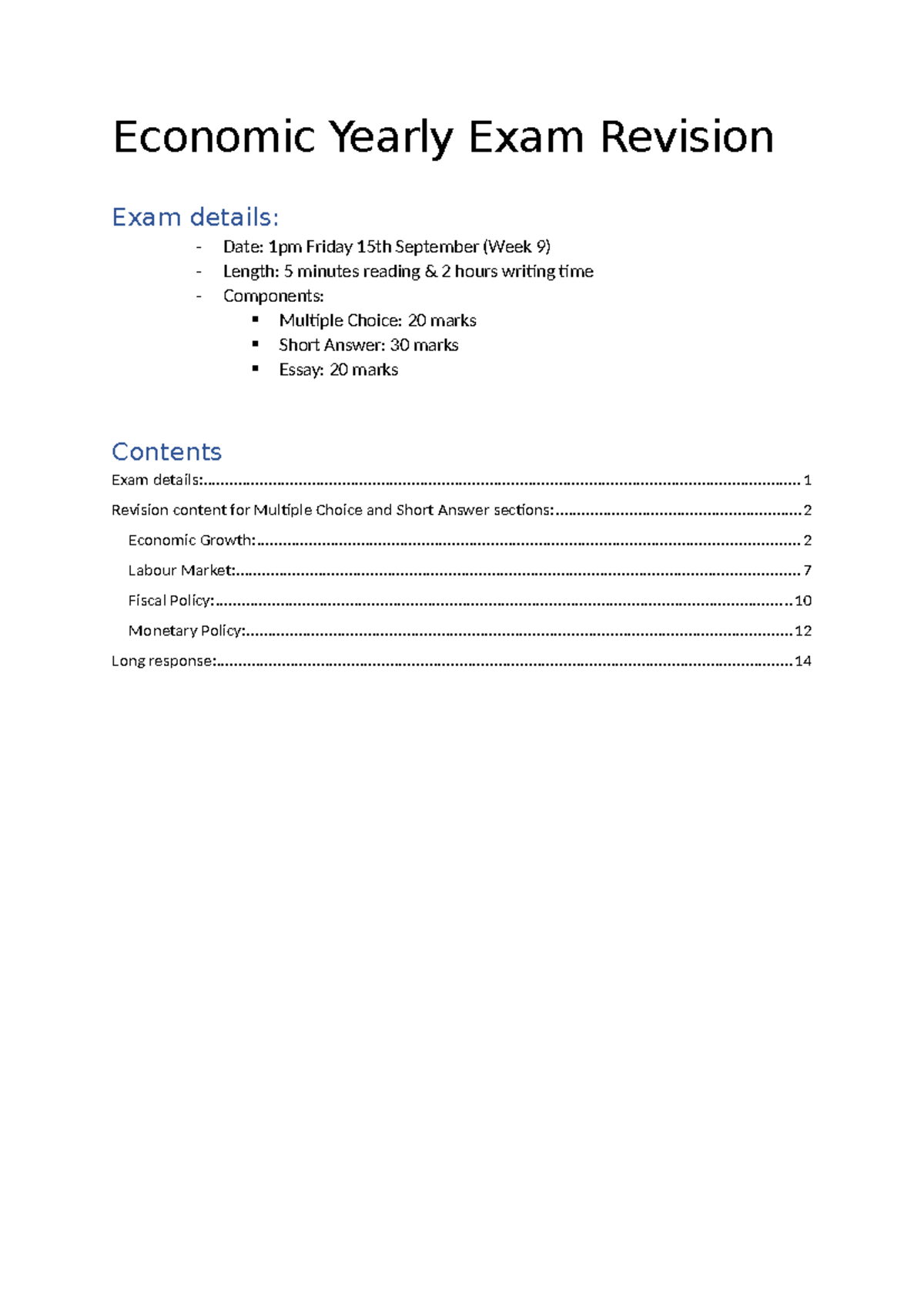 Year 11 Economics Y11 Final Exam Revision Guide - Studocu