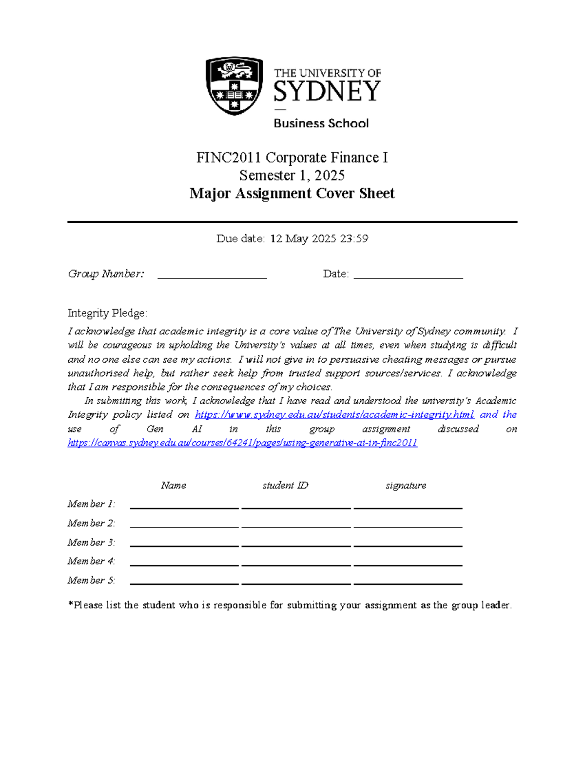 FINC2011 Coversheet - 2025S1-1 - FINC2011 Corporate Finance I Semester ...