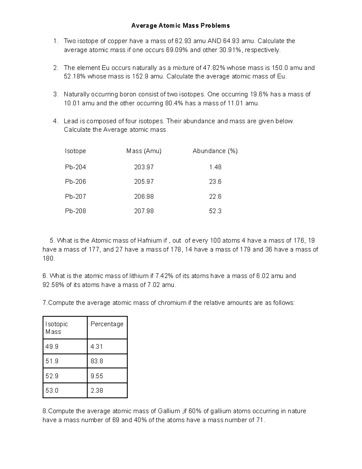 Average Atomic Mass Problems: Isotopes & Calculations - Studocu