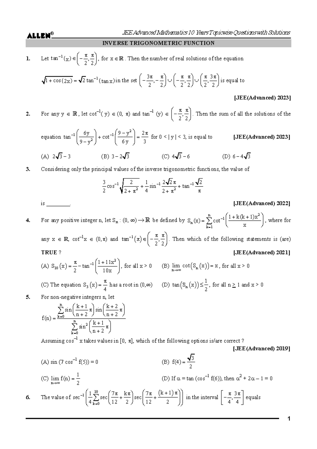 JEE Advanced Mathematics: 10 Years of Topicwise Questions & Solutions ...