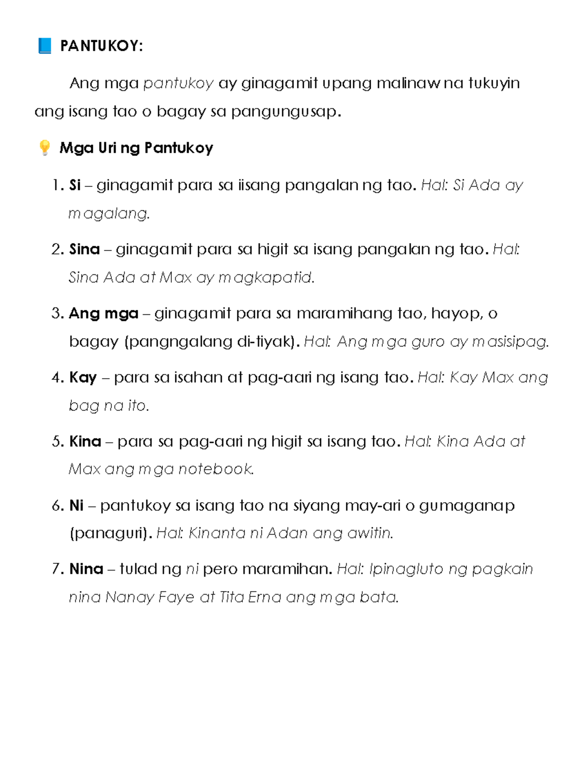 Pantukoy: Mga Uri at Paggamit ng Pantukoy sa Pangungusap - Studocu