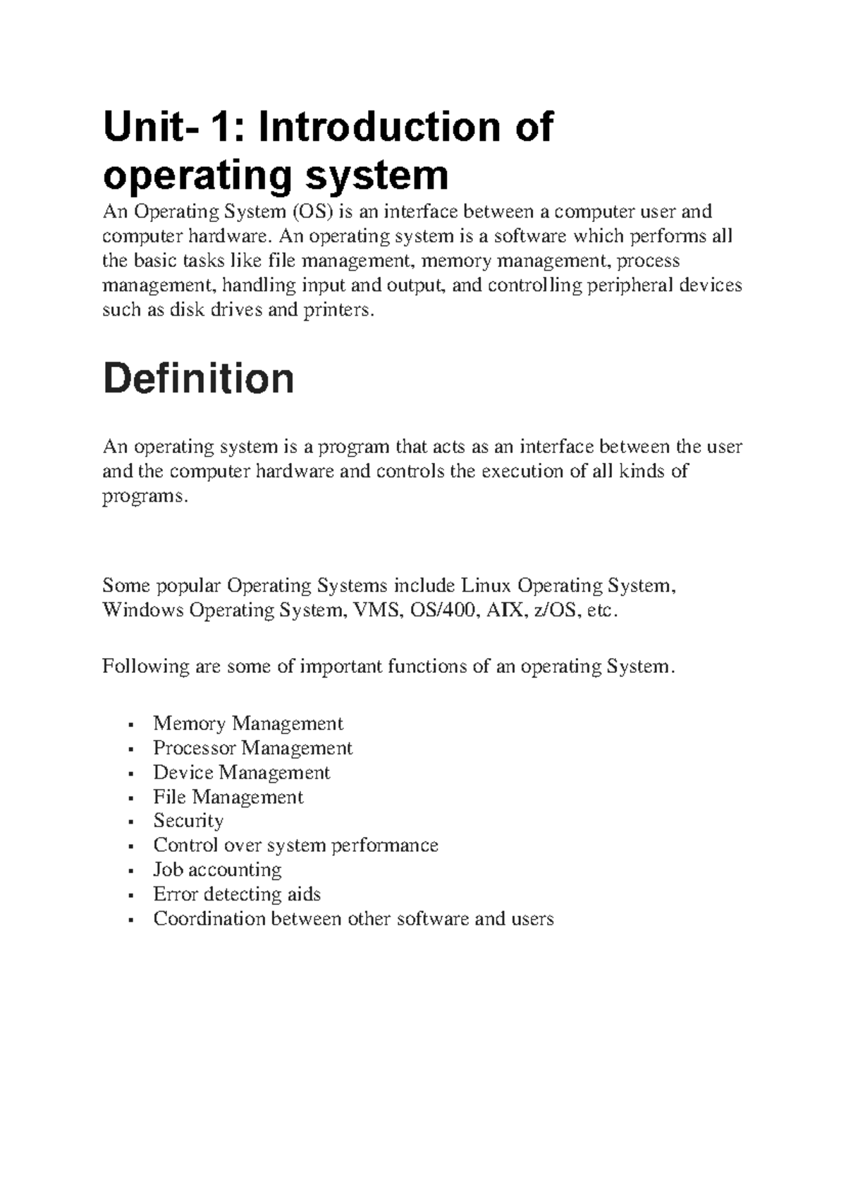 Operating Systems Overview: Key Concepts and Functions (CS101) - Studocu