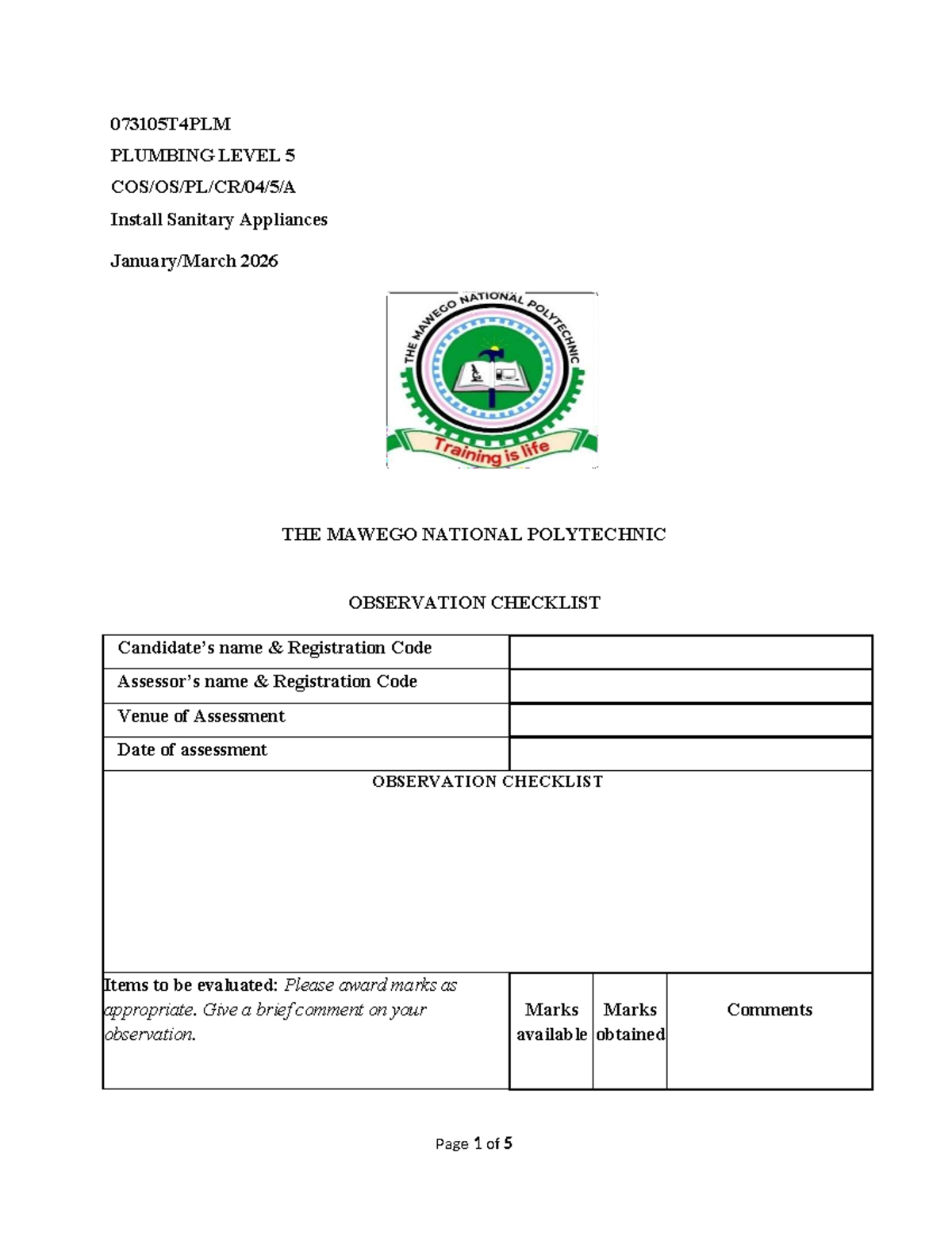 073105T4PLM Plumbing Level 5 Final Assessment Checklist 2026 - Studocu