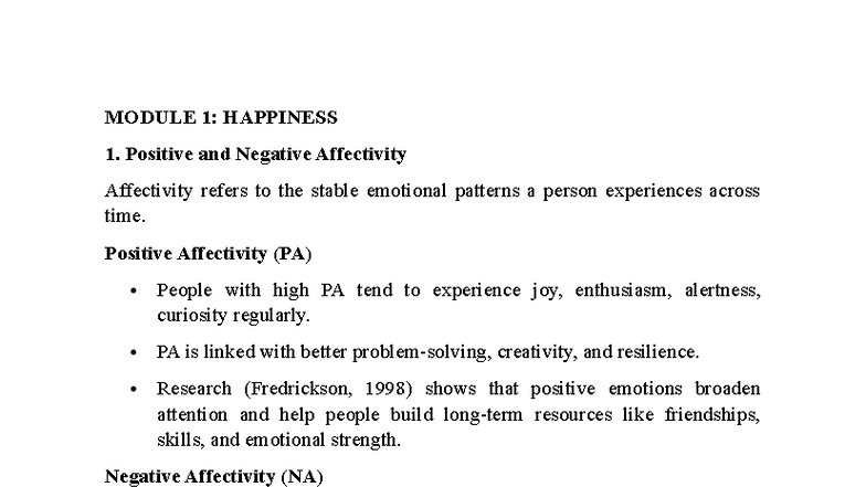 PSY 101: Psychology of Happiness - Modules 1 to 5 Overview - Studocu