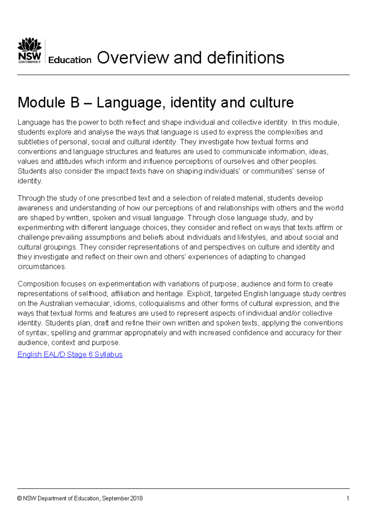 English Stage 6 Module B: Language, Identity & Culture Overview - Studocu