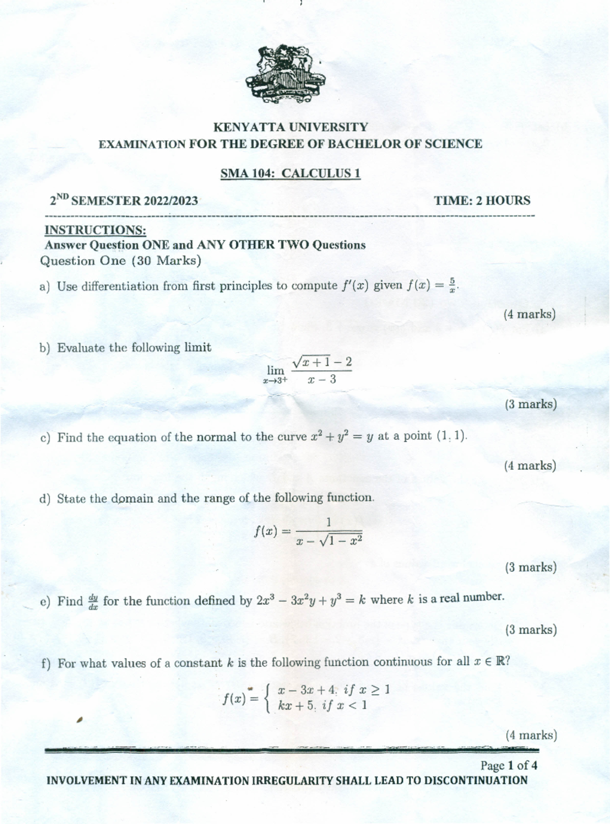 SMA104 Calculus 1 - 2023 Past Exam Paper Analysis & Solutions - Studocu