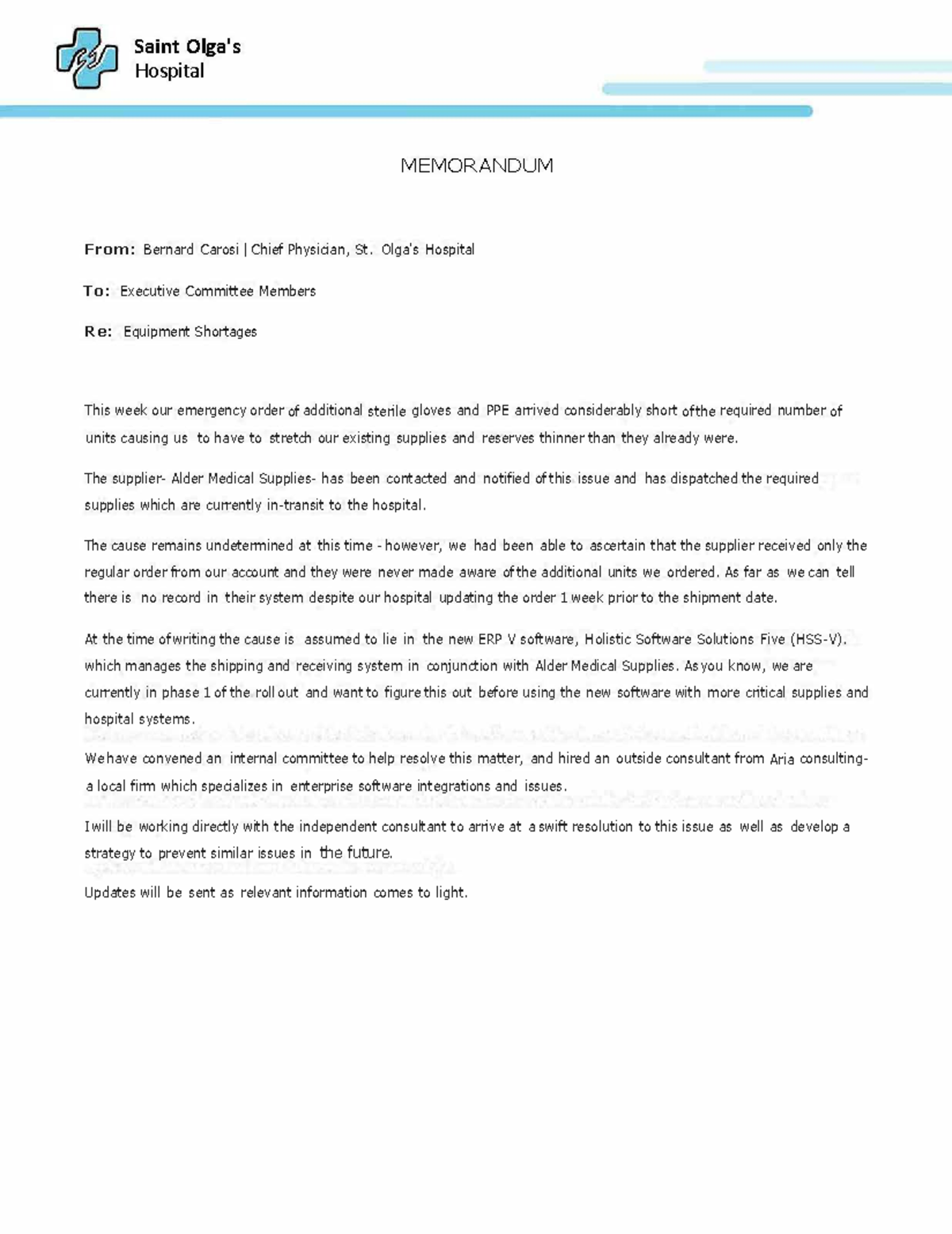 St. Olga's Hospital Exec Memo: Equipment Shortages Update - Studocu