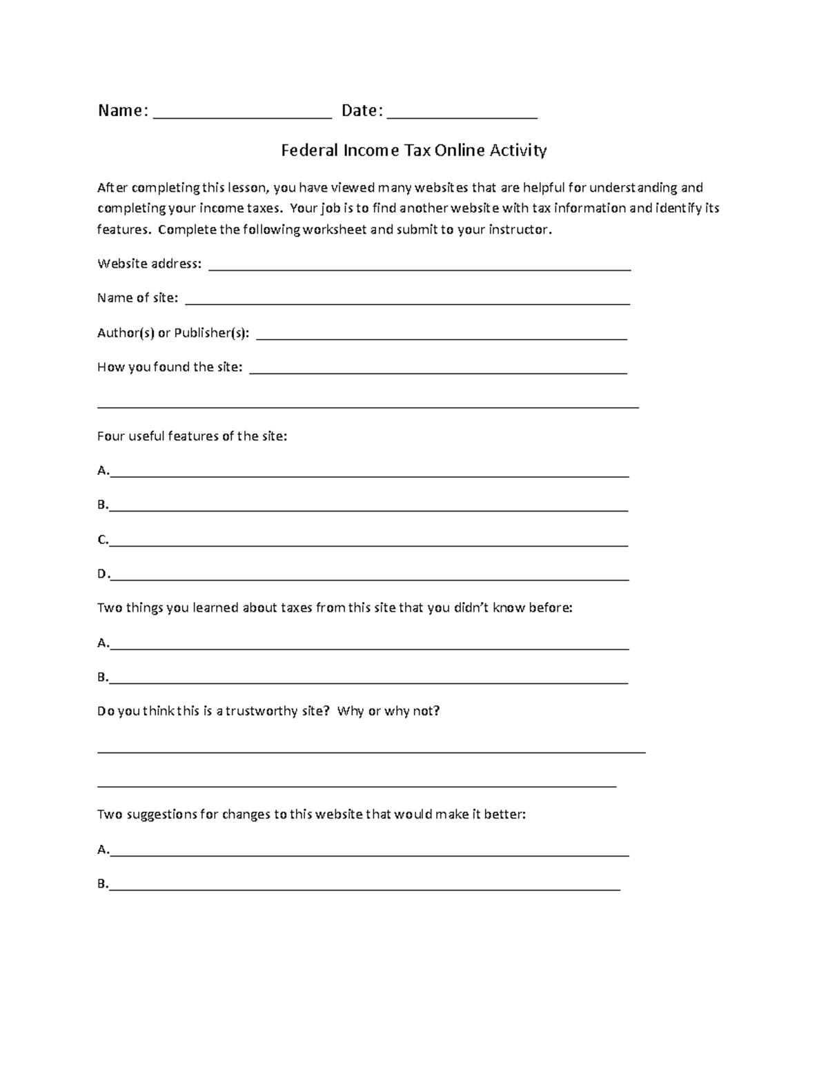 Federal Income Tax Online Activity Worksheet - Name ...