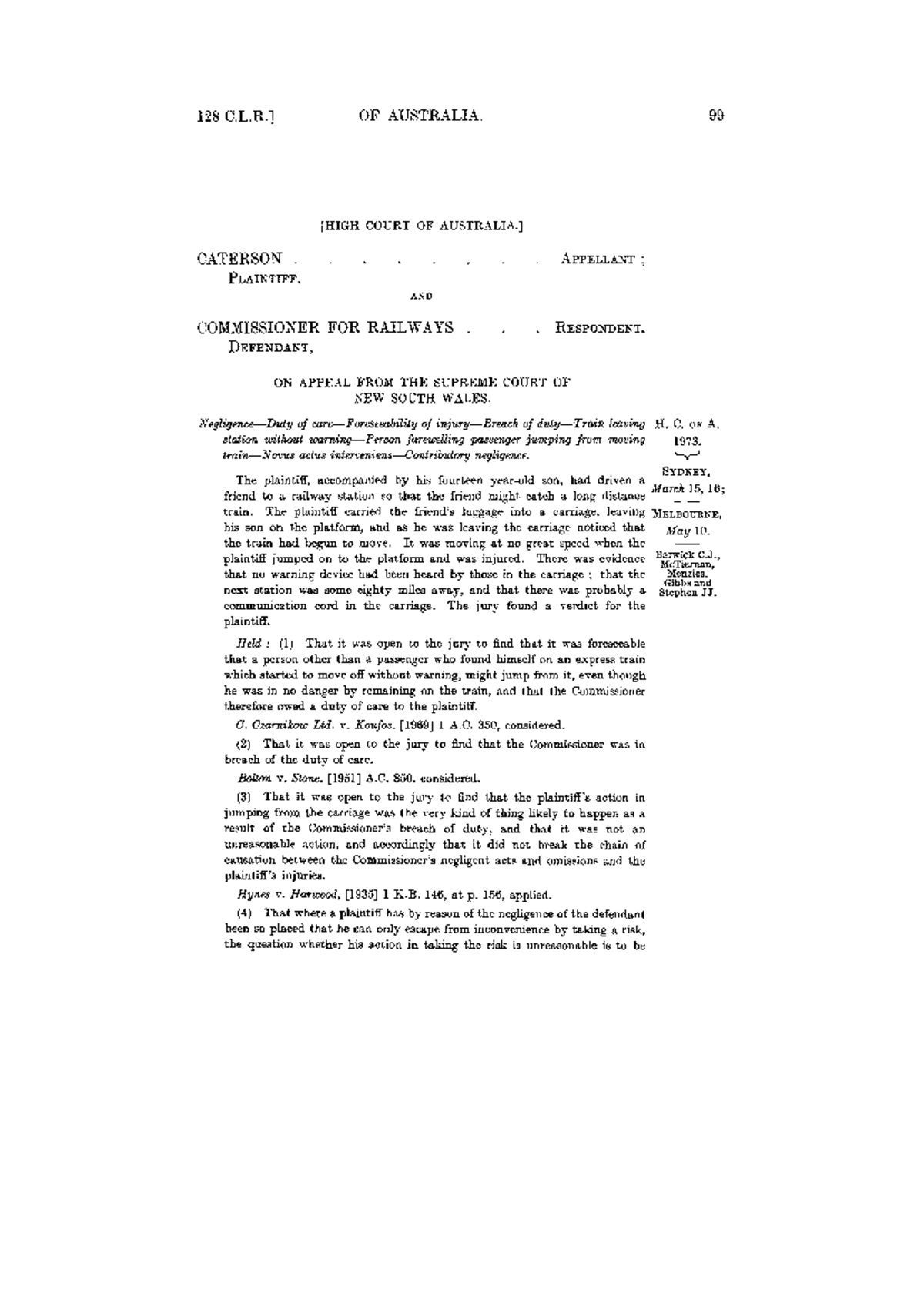 Caterson v Commissioner for Railways: High Court Ruling Analysis (1973 ...