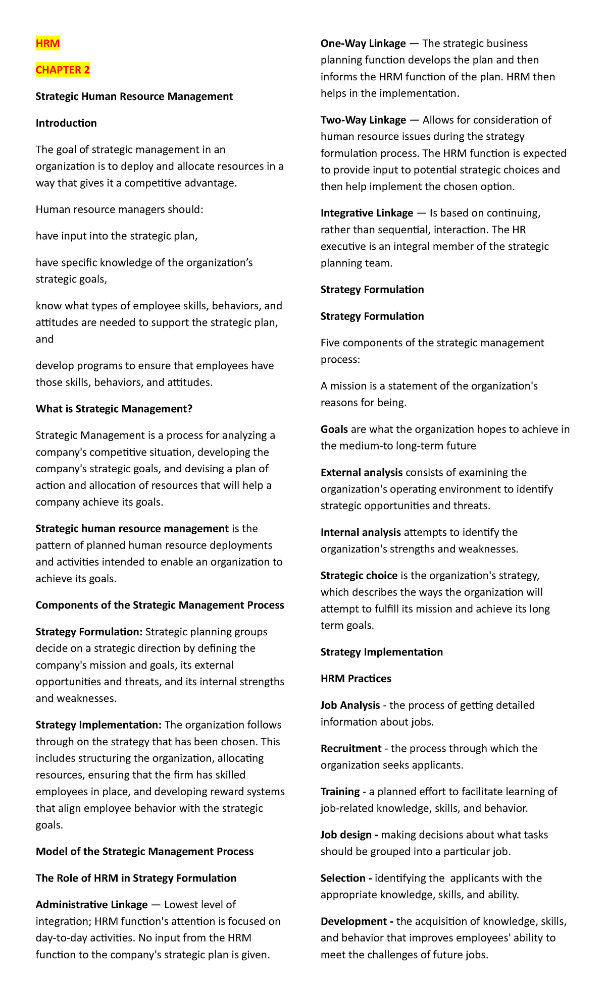Hrm chapter 2 3 - lecture - HRM CHAPTER 2 Strategic Human Resource Management Introduction The ...