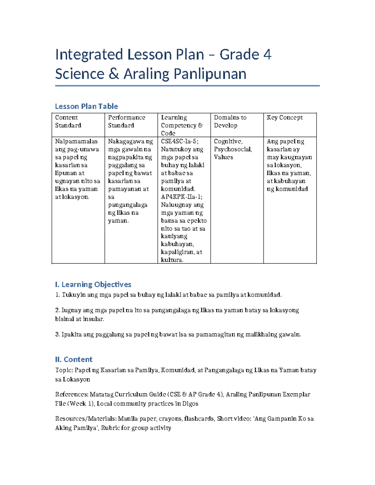 Integrated Lesson Plan: Gender Roles in Grade 4 Science & AP - Studocu