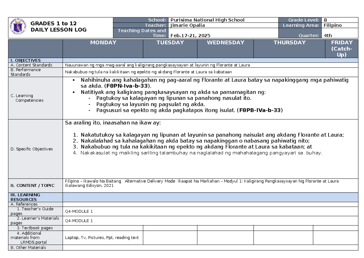 Q4W1DLLF8-module-1 - A module for grade 8 filipino - GRADES 1 to 12 ...