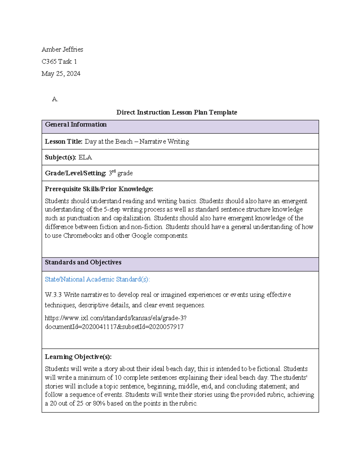 C365 Task 1 – Lesson Plan: Narrative Writing "A Day at the Beach" - Studocu