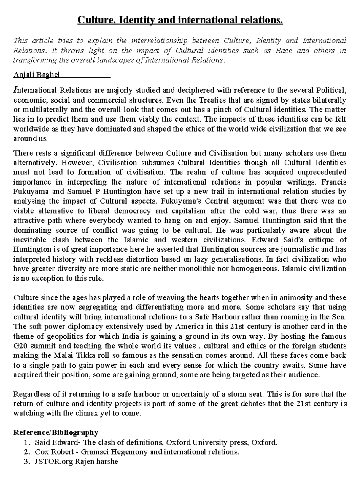 Culture and identity - Culture, Identity and international relations ...