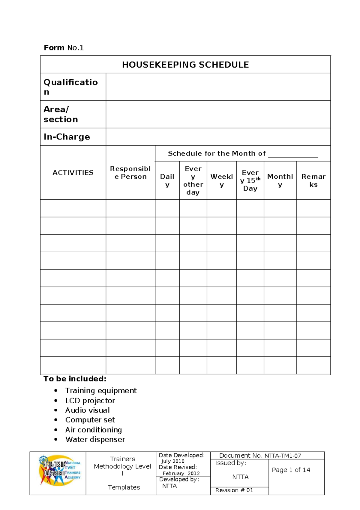 Housekeeping Schedule Form No.1 - Monthly Activities Overview - Studocu