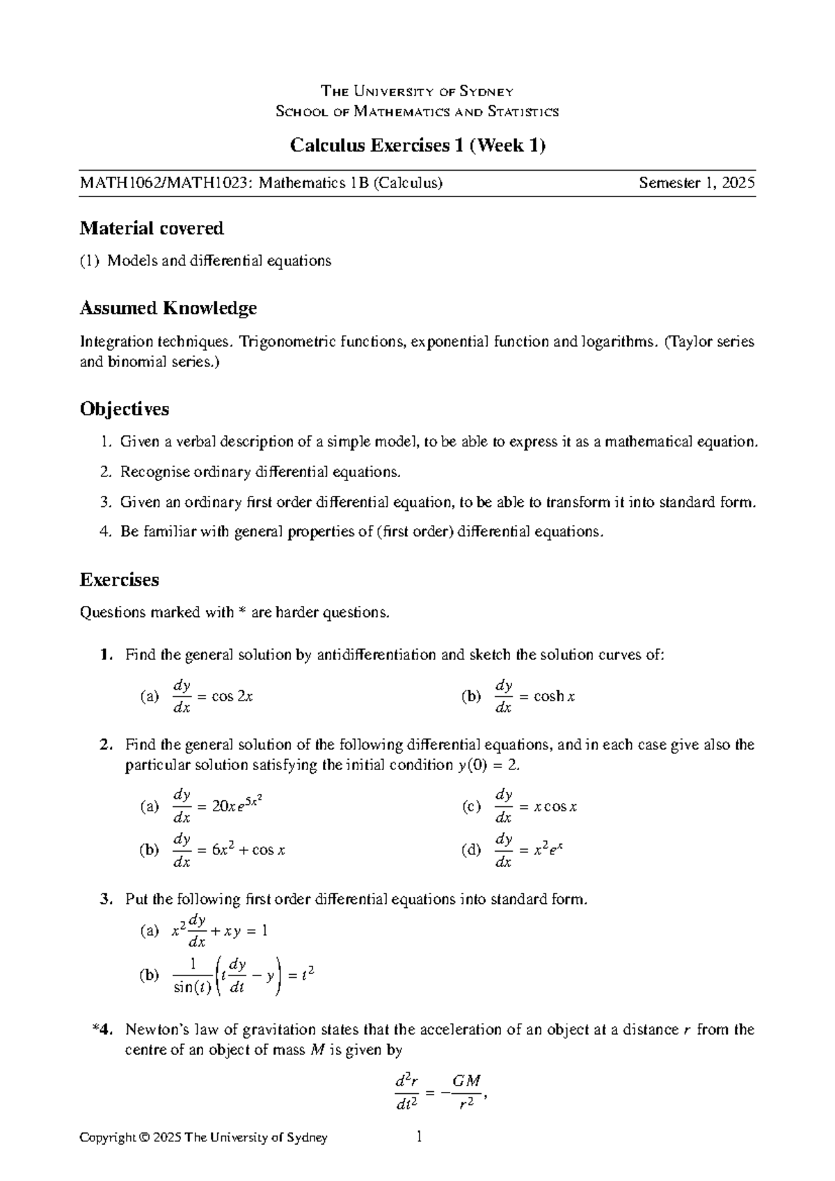 Mathematics 1B (Calculus) Practice Questions - Semester 1, 2025 - Studocu