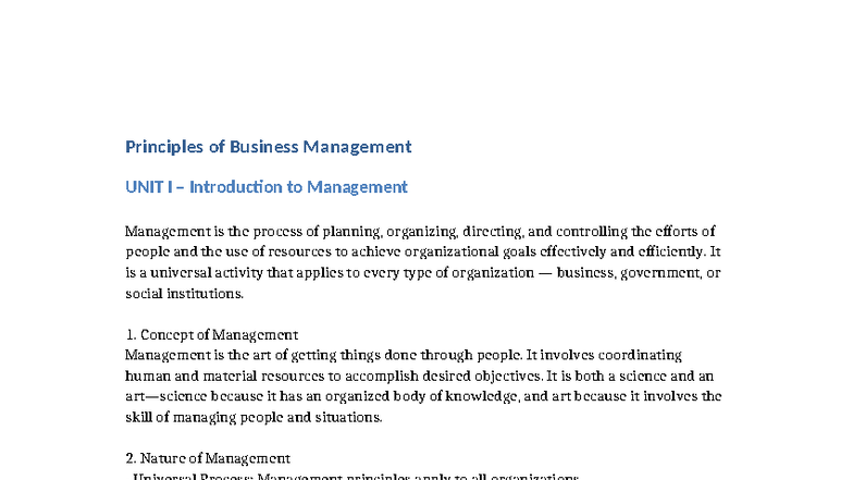 Principles of Business Management (Units I & II) Overview and Key ...