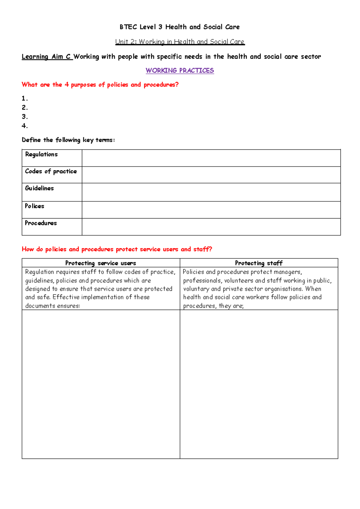 BTEC Level 3 Health & Social Care Unit 2: Working Practices Overview ...