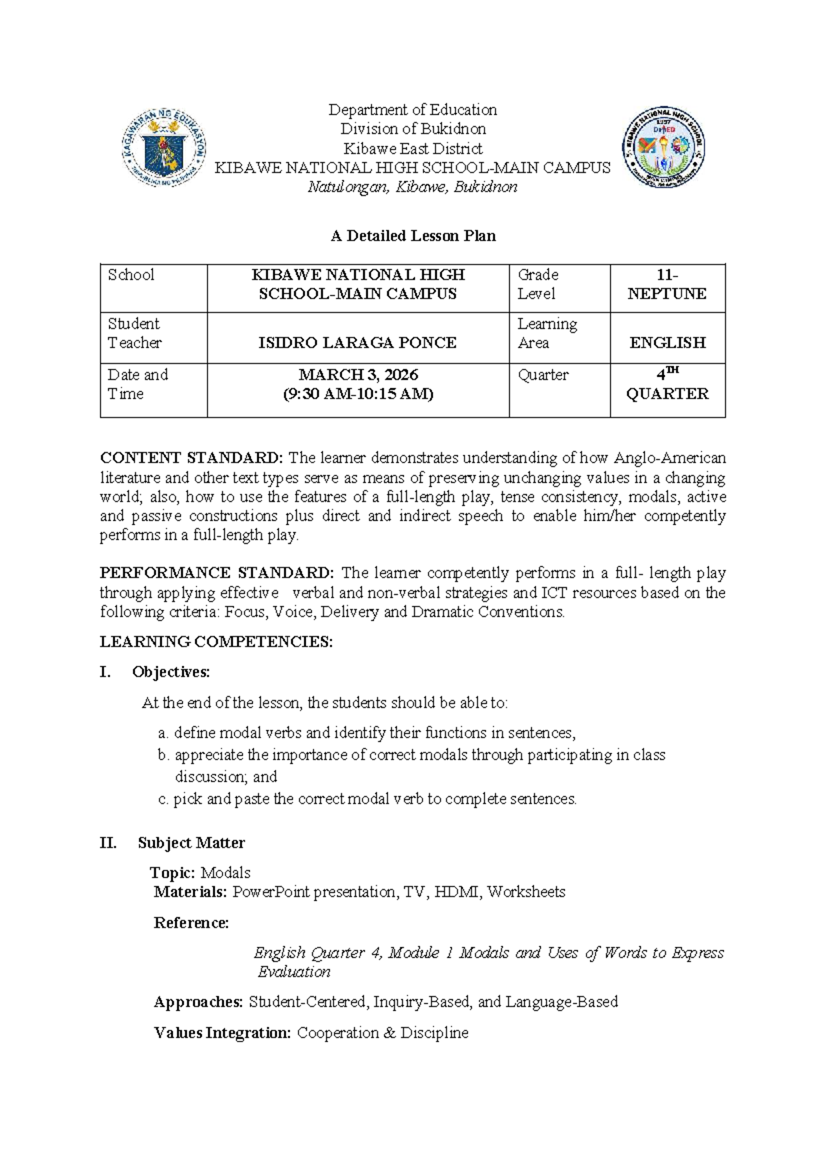 English 11NEPTUNE DLP - Modals Lesson Plan and Activities - Studocu