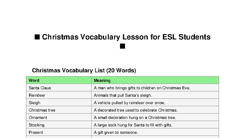 ESL Christmas Vocabulary Lesson: 20 Key Terms & Quiz - Studocu