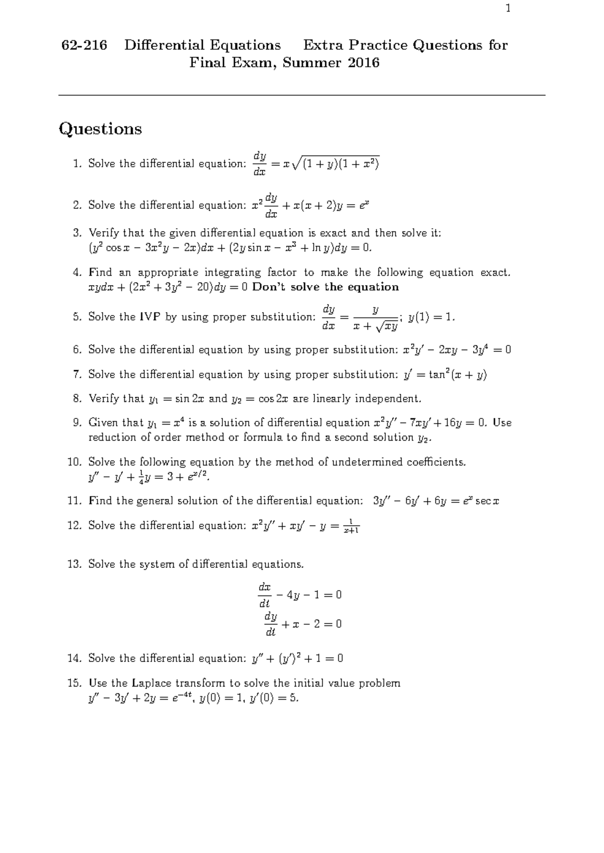 Differential Equations Extra Practice Questions for Final Exam (Summer ...
