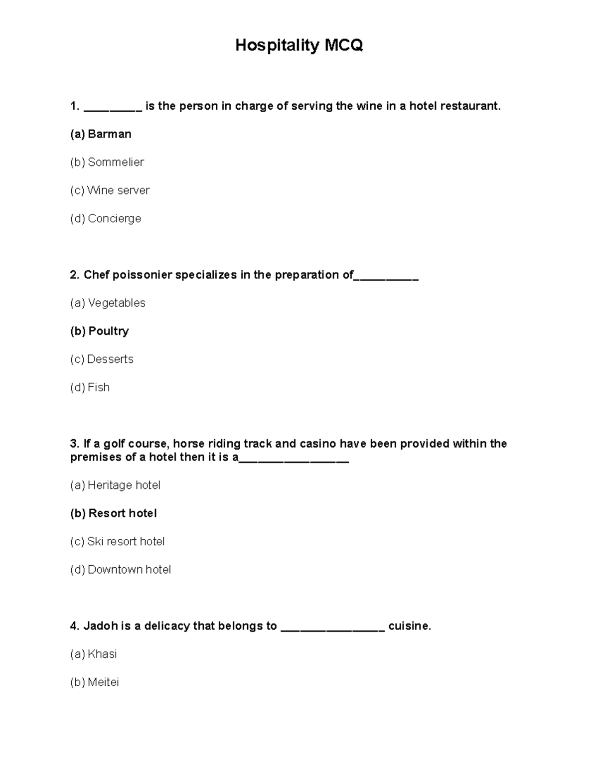 Hospitality MCQ Exam Questions and Answers for [Course Code] - Studocu