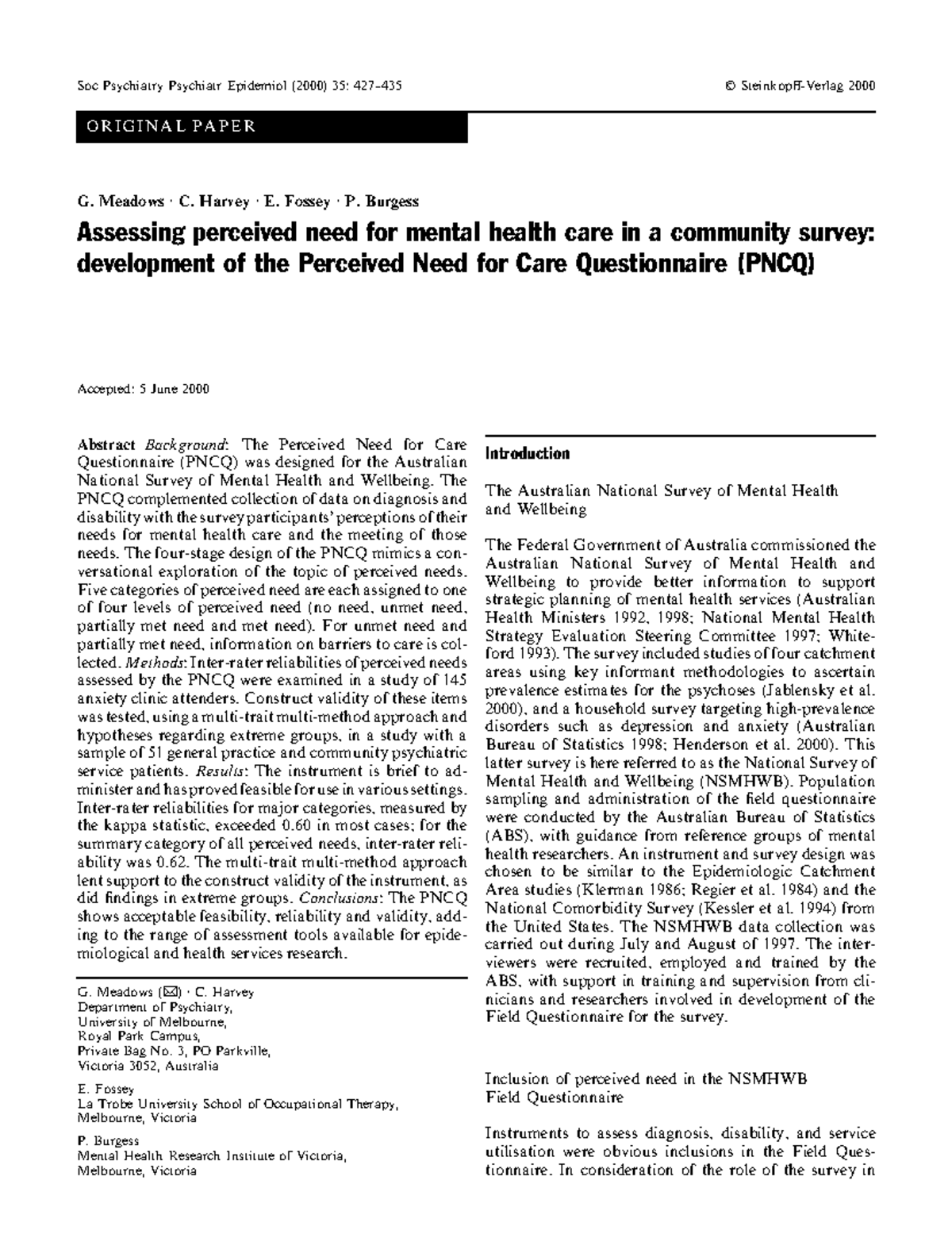 Assessing Mental Health Care Needs: Development of the PNCQ ...