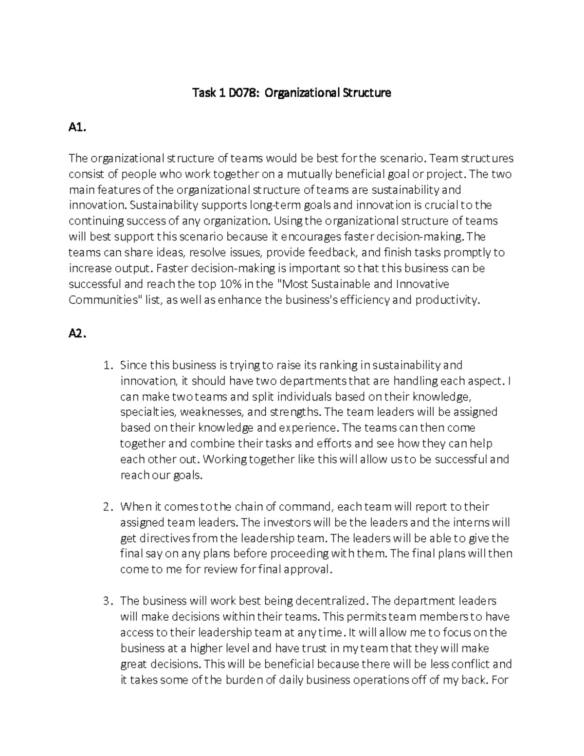 D078 TASK 1 - D078 TASK 1 - Task 1 D078: Organizational Structure A1 ...