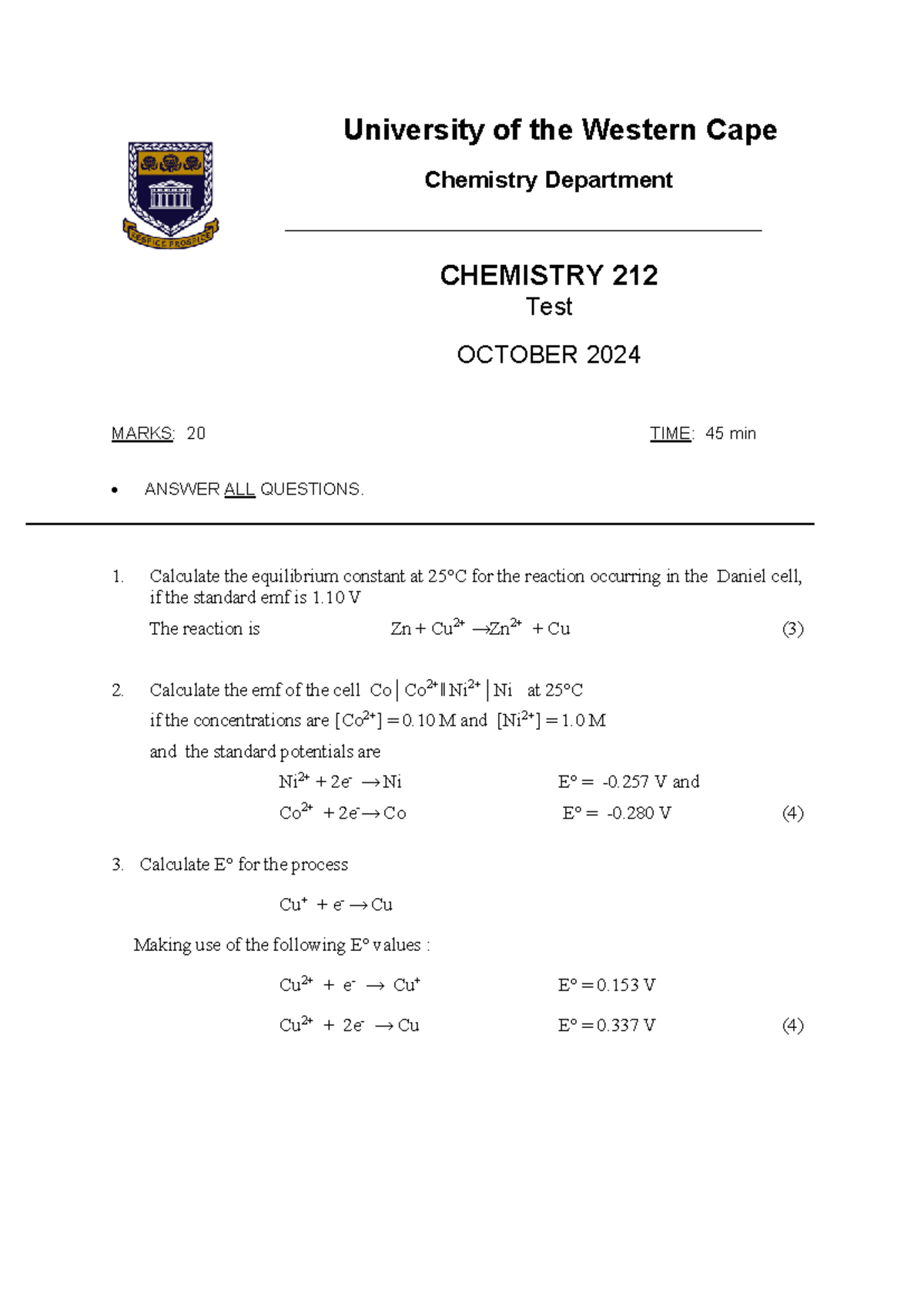 Chemistry 212 Test: Equilibrium Constants & Conductivity Calculations ...
